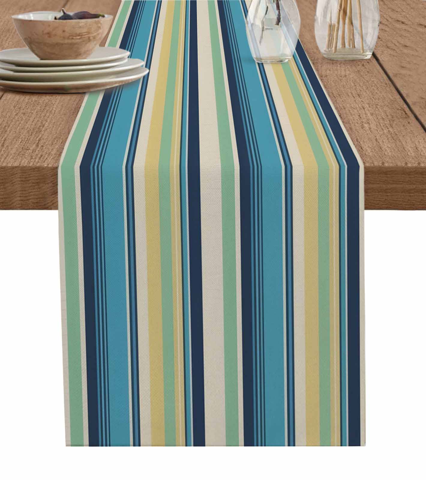 Blue Green Yellow Striped Table Runner 70 Inches, Farmhouse Vintage ...