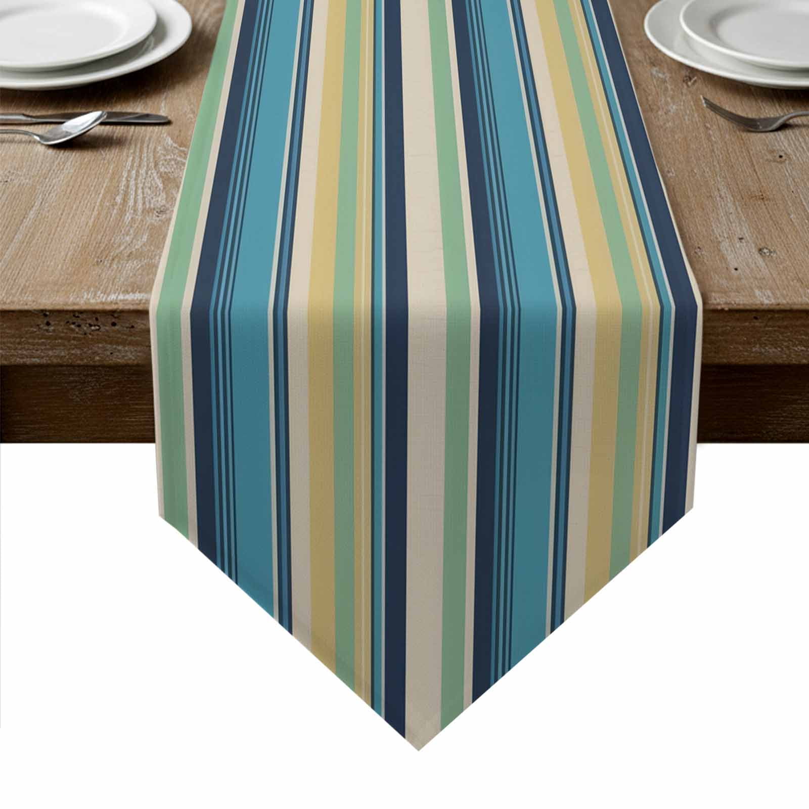 Blue Green Yellow Striped Table Runner Linen Burlap Table Runner 60 ...