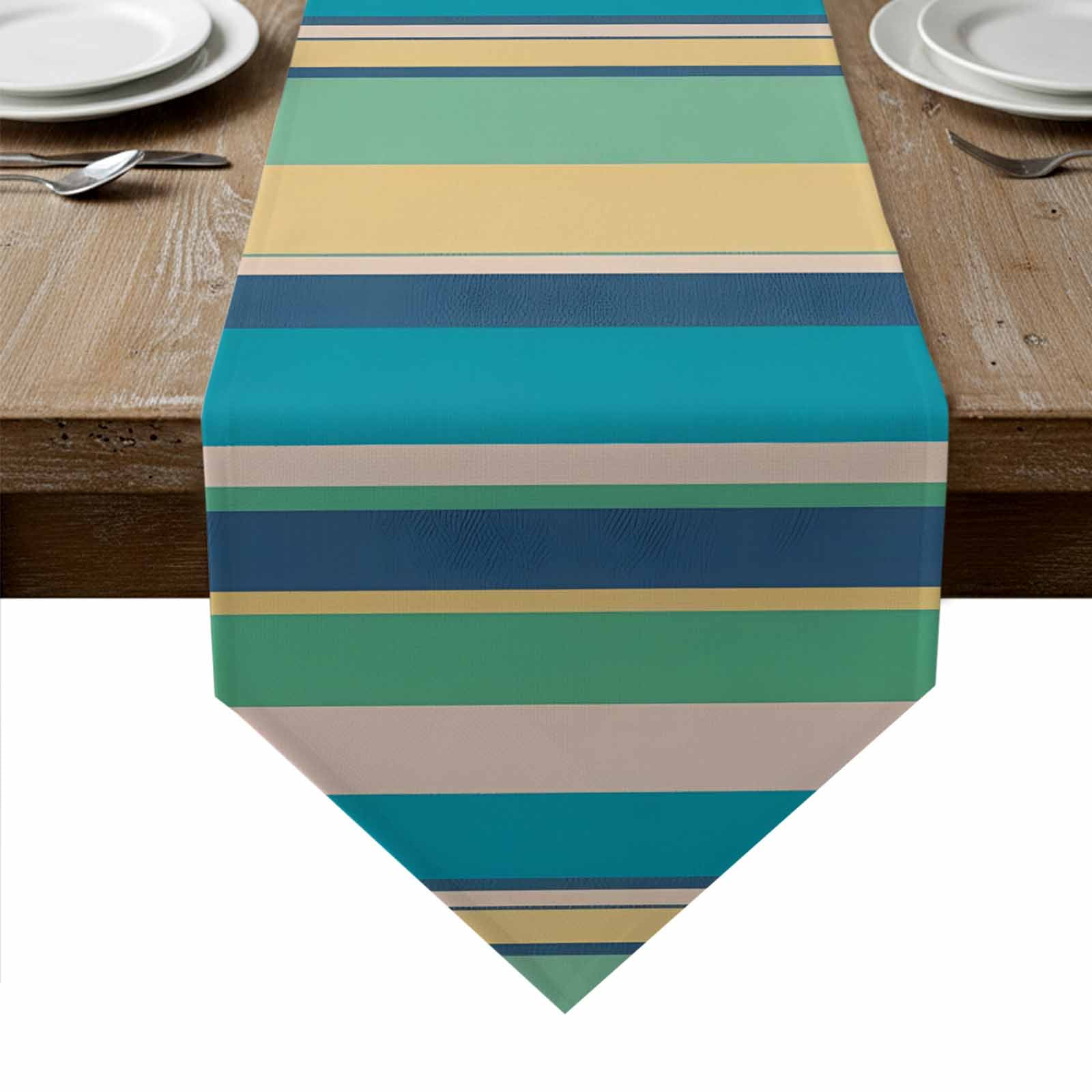 Blue Green Yellow Striped Table Runner Linen Burlap Table Runner 72 ...