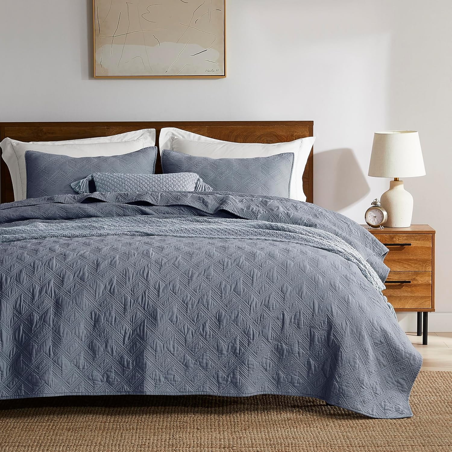 Blue Grey 100% Cotton Quilt Bedding Sets Queen Size with 2 Pillow Shams ...