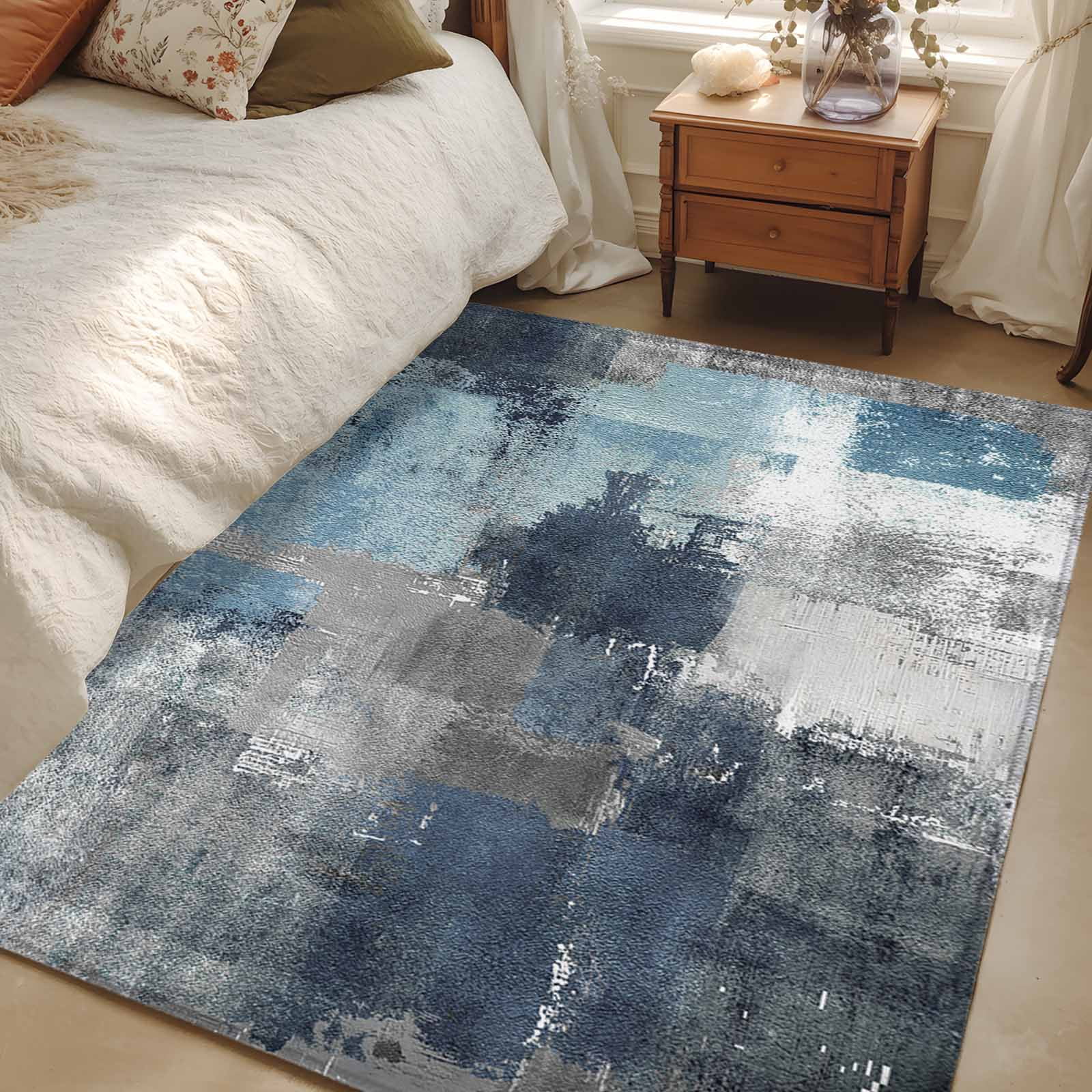 Blue Grey 2.7x5 Area Rugs, Abstract Art Oil Painting Modern Geometric ...