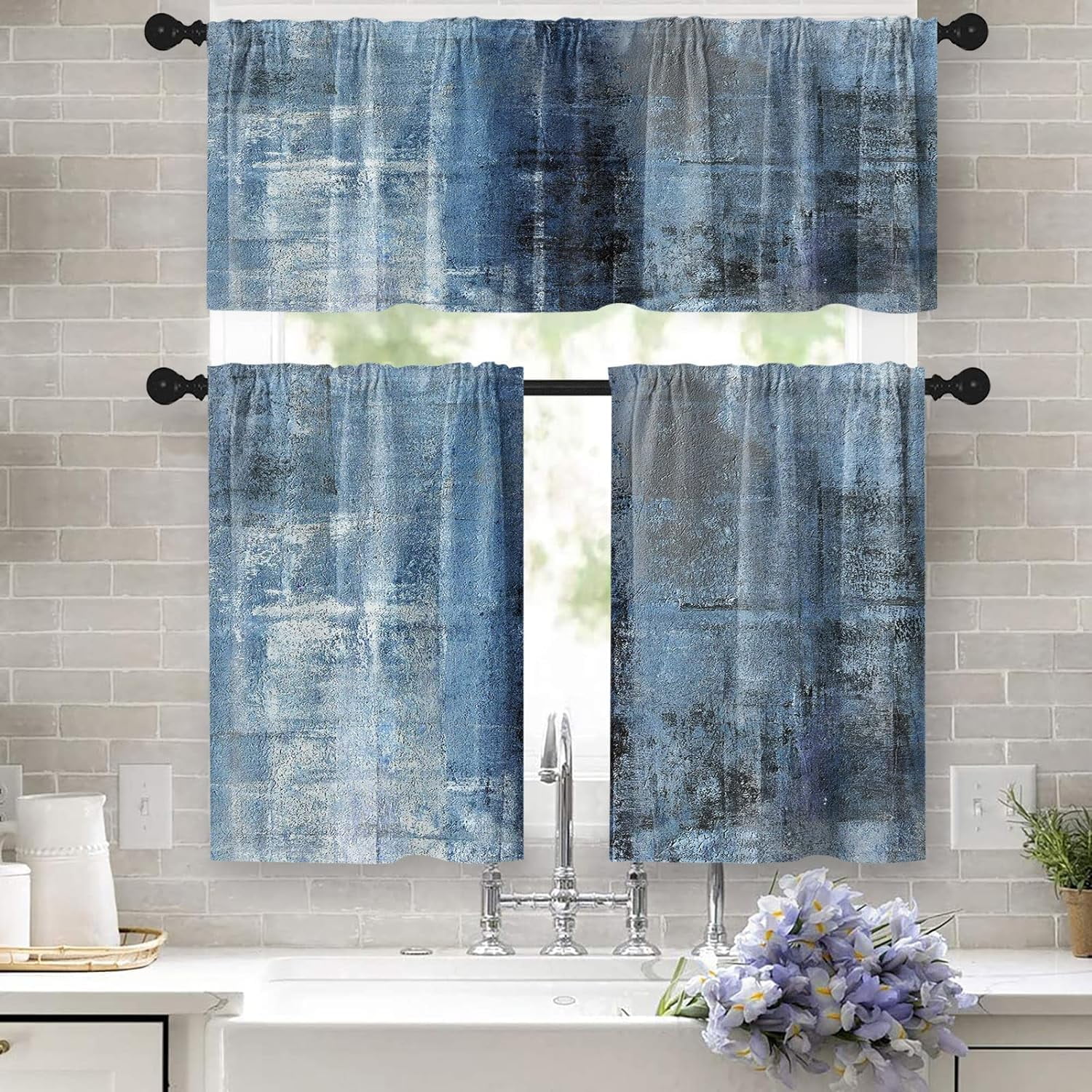 Blue Grey 3 Piece Rod Pocket Kitchen Curtains Valance and Tiers Set ...