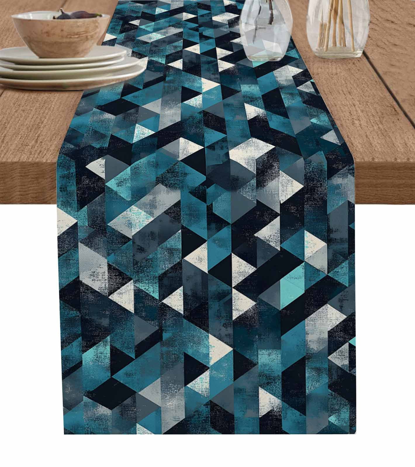 Blue Grey Abstract Art Table Runner 36 Inches, Modern Art Geometric Bed ...