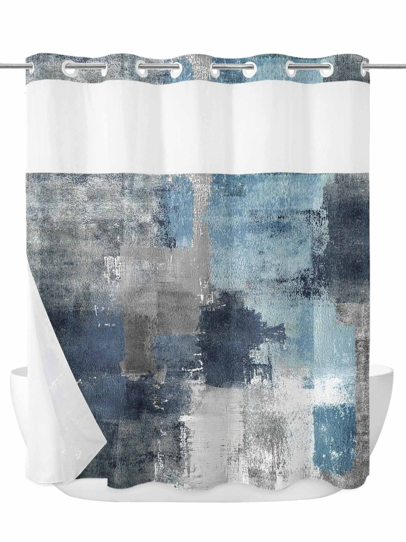 Blue Grey Abstract No Hook Shower Curtain and Liner Set Modern Graffiti ...