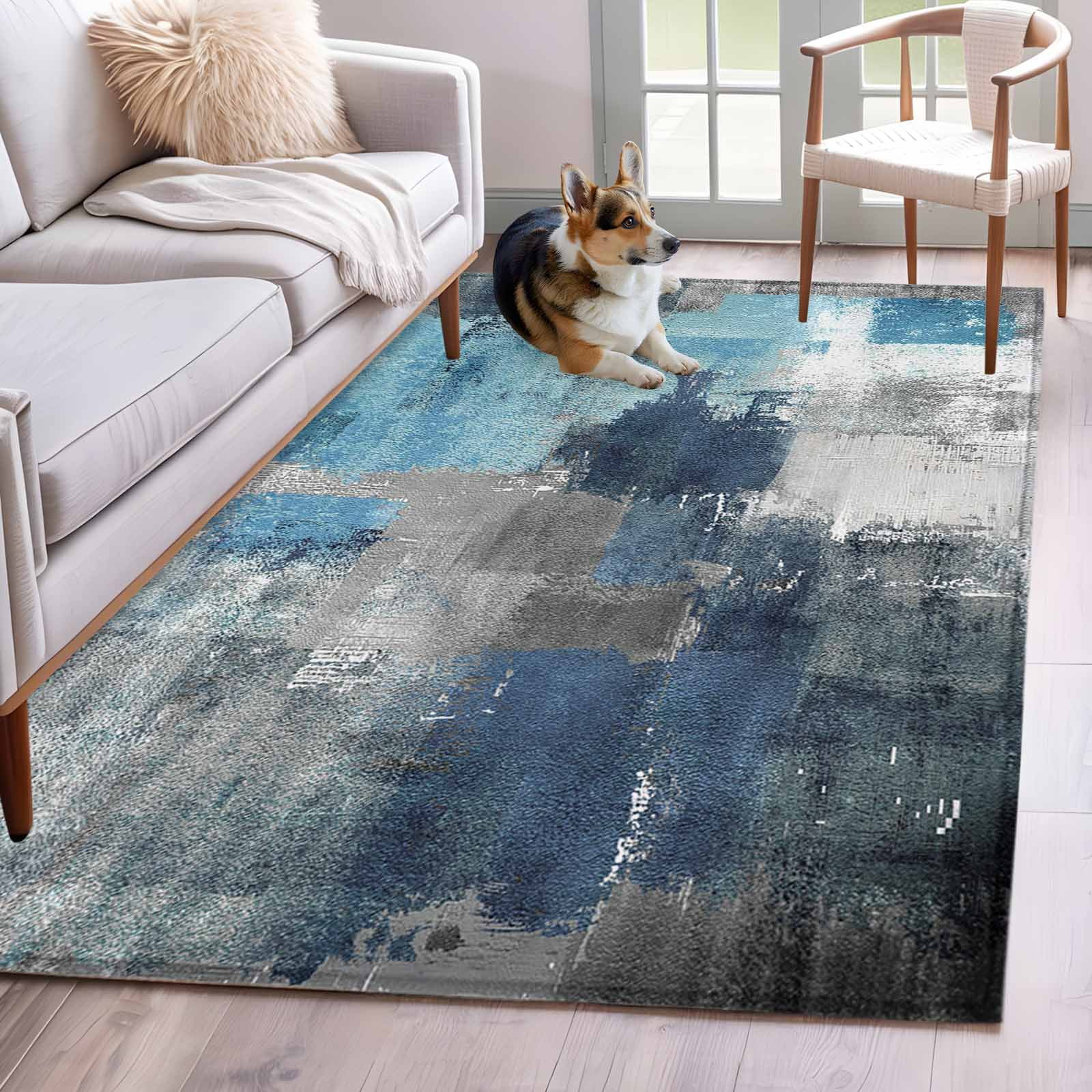 Blue Grey Area Rugs 3x5 ft Modern Graffiti Brush Art Abstract Washable ...