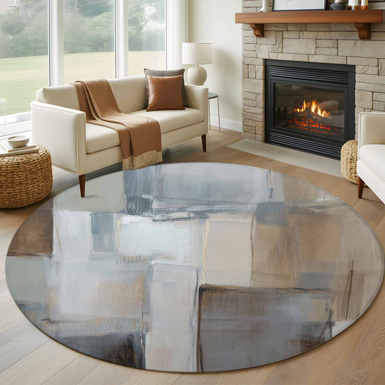 Blue Grey Art Round Rug 6ft Washable Circle Kitchen Rugs Non Slip ...