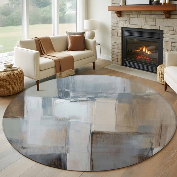 Blue Grey Art Round Rug 7ft Washable Circle Rugs Non Slip Vintage ...