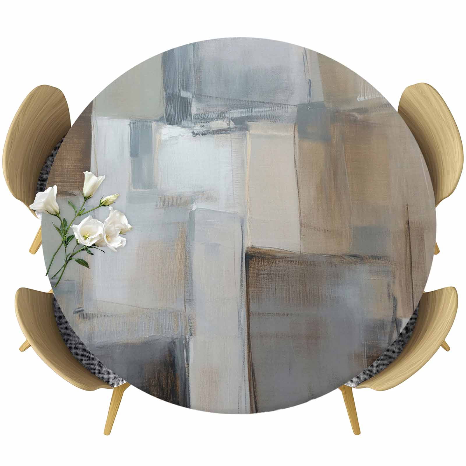 Blue Grey Art Round Tablecloth, Fitted Table Cover with Elastic for 36 ...