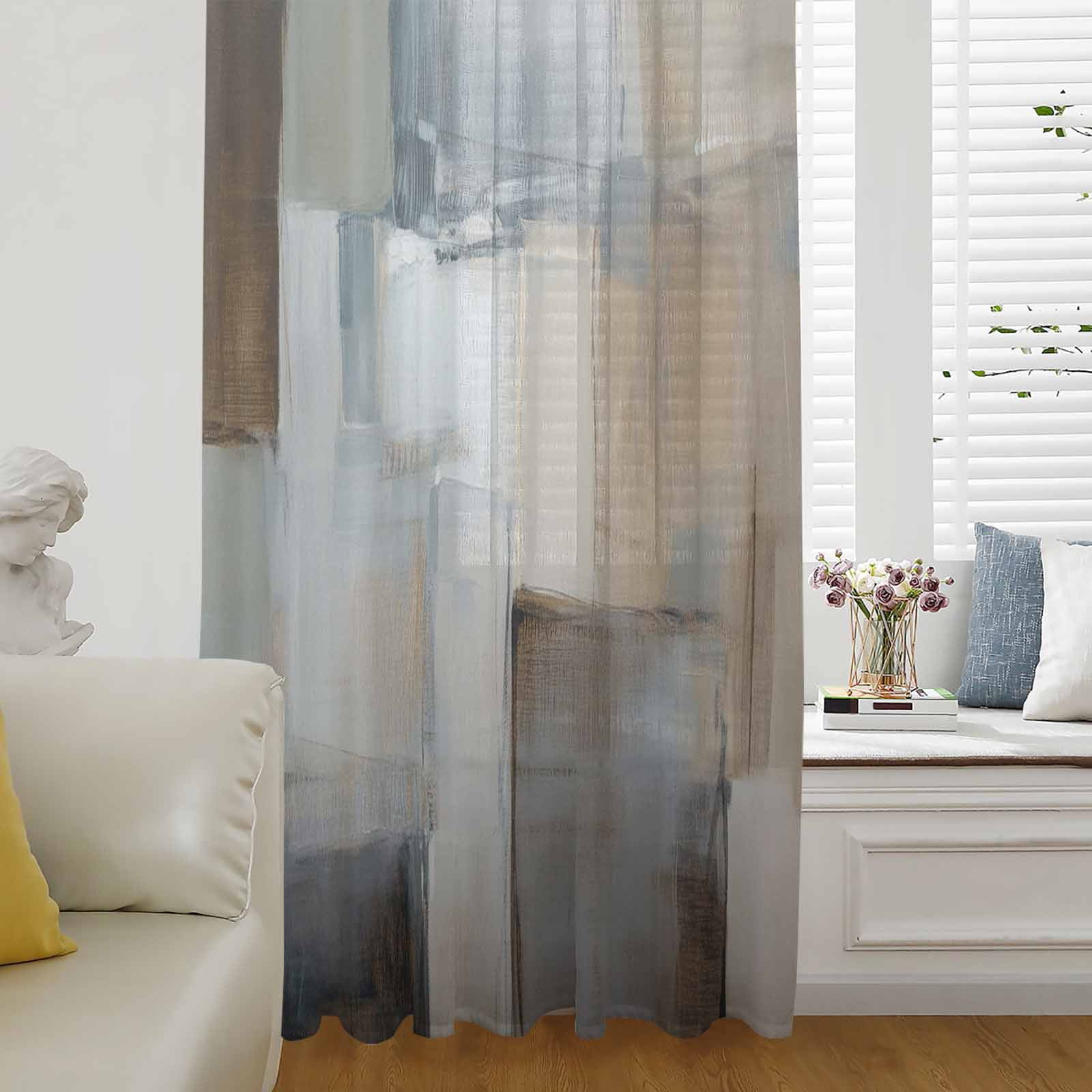 Blue Grey Art Semi Sheer Curtains Drapes for Living Room, Bedroom ...
