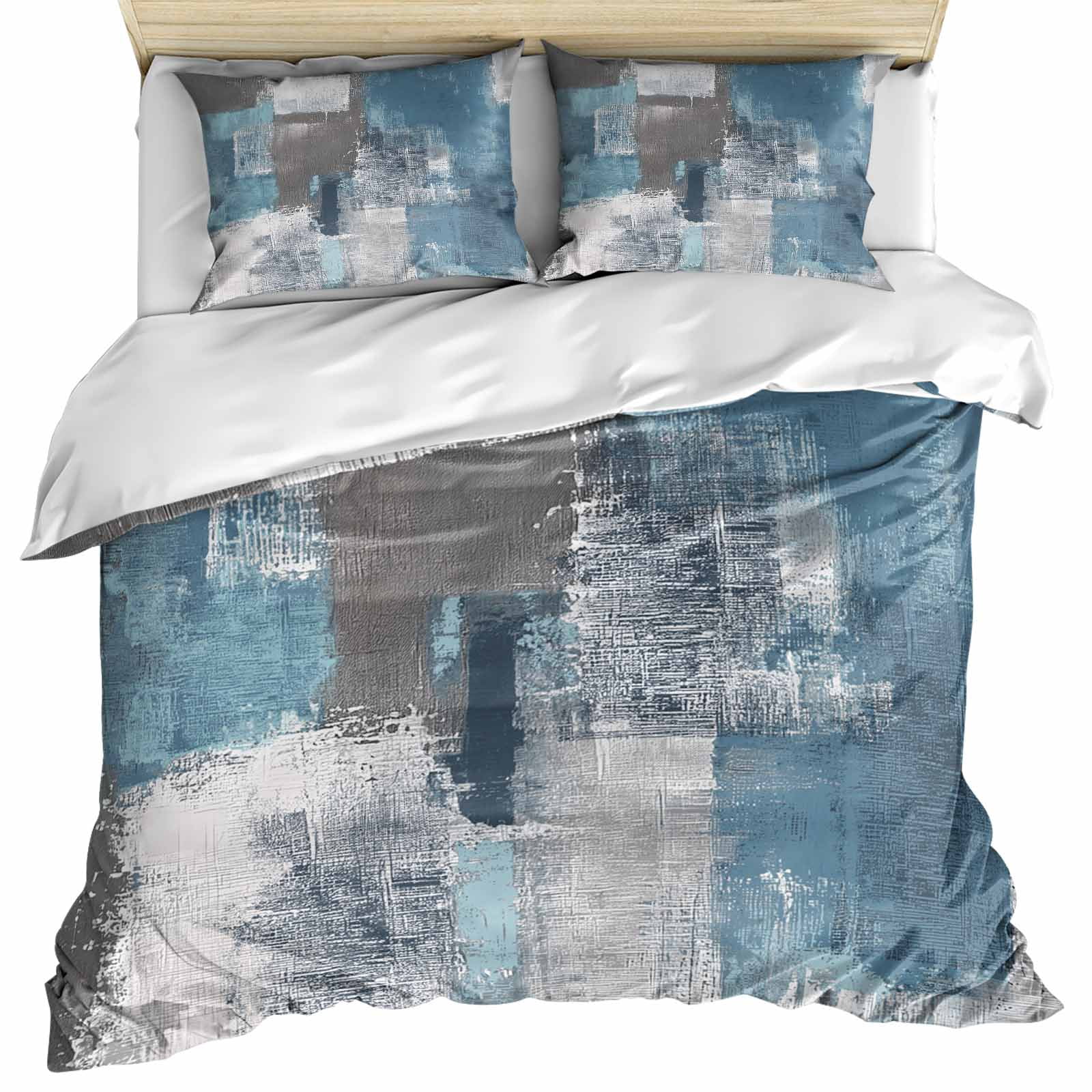 Blue Grey Bedding 3 Piece Duvet Cover Set Queen Size, Modern Oil ...