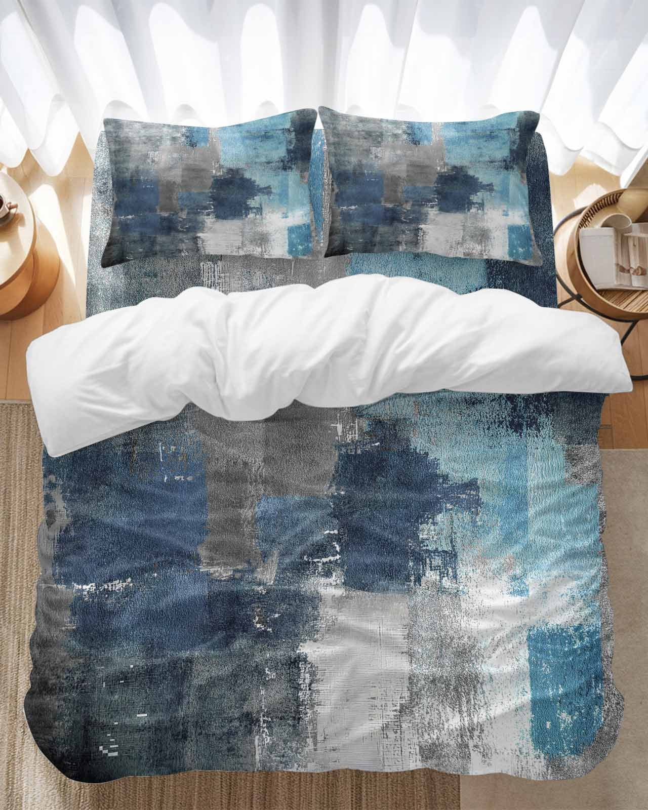 Blue Grey Bedding Duvet Cover Set Queen Size 4 Pieces Modern Graffiti ...