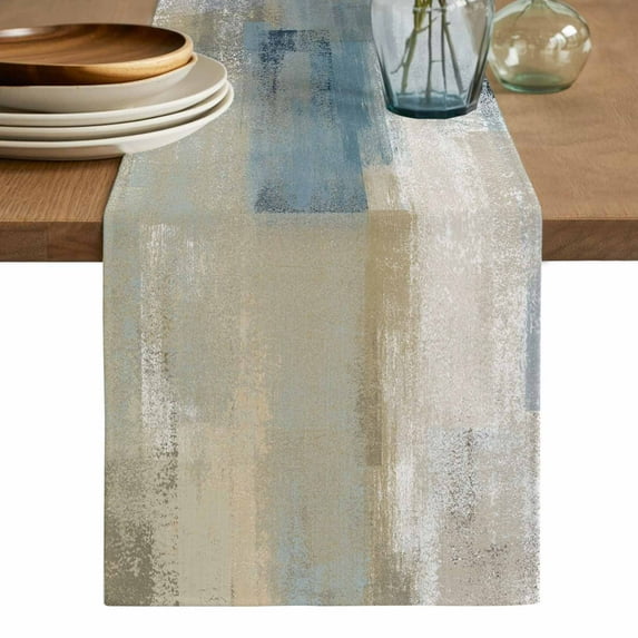 Blue Grey Beige Table Runner, Abstract Modern Art Oil Painting Washable ...