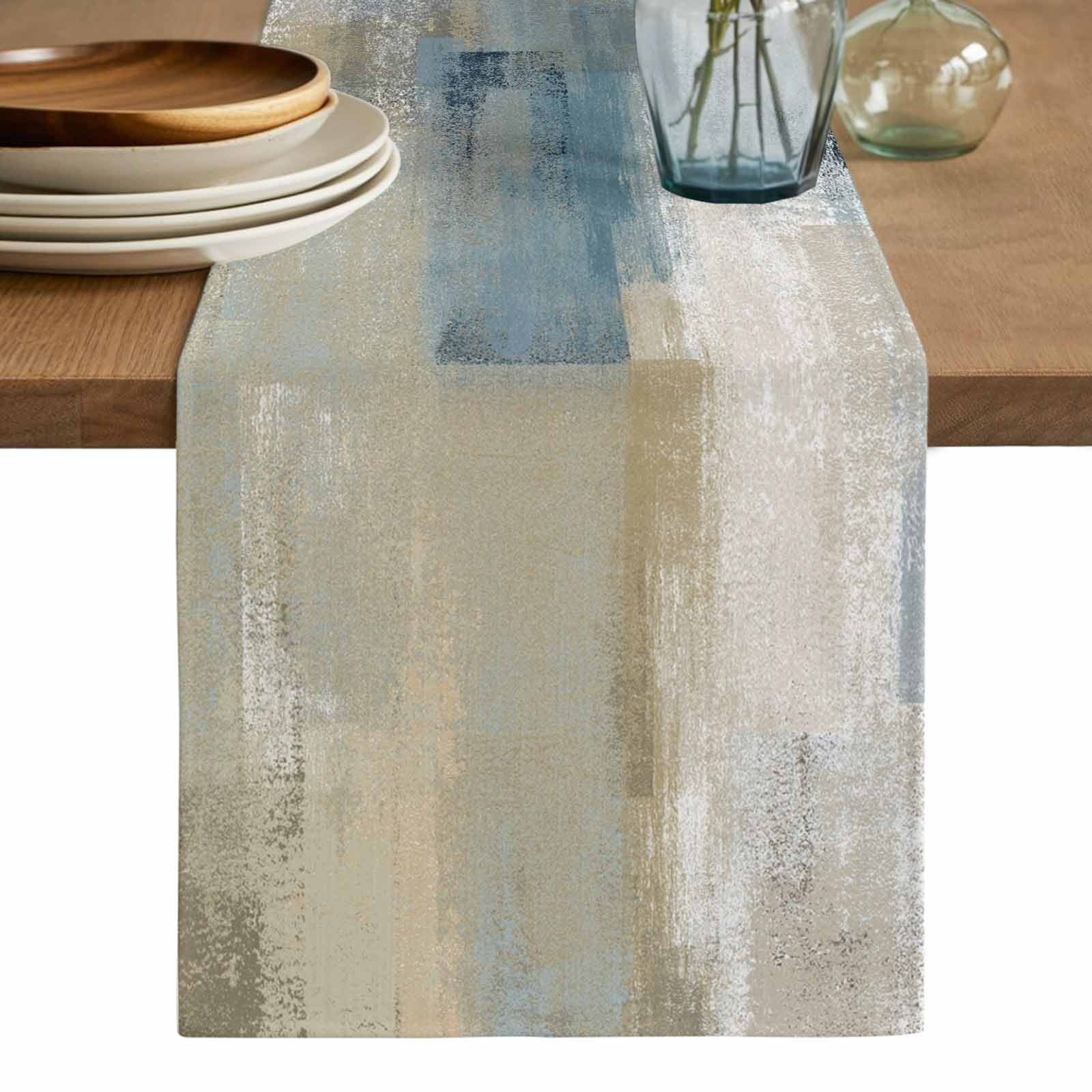 Blue Grey Beige Table Runner, Abstract Modern Art Oil Painting Washable ...