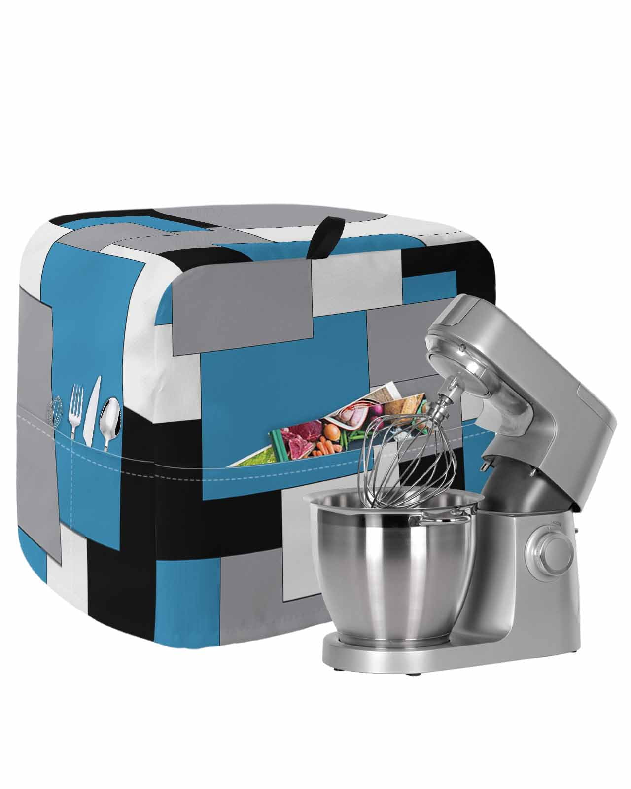 Blue Grey Black Geometric Stand Mixer Dust Cover with Storage Pocket ...