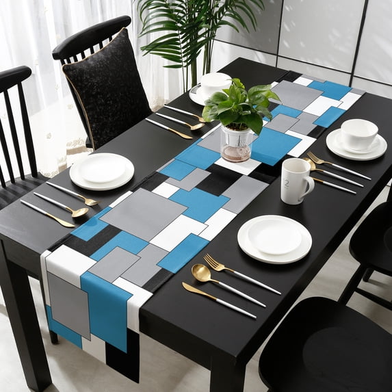 Blue Grey Black Geometric Table Runner 72 Inches Long - Middle Century ...