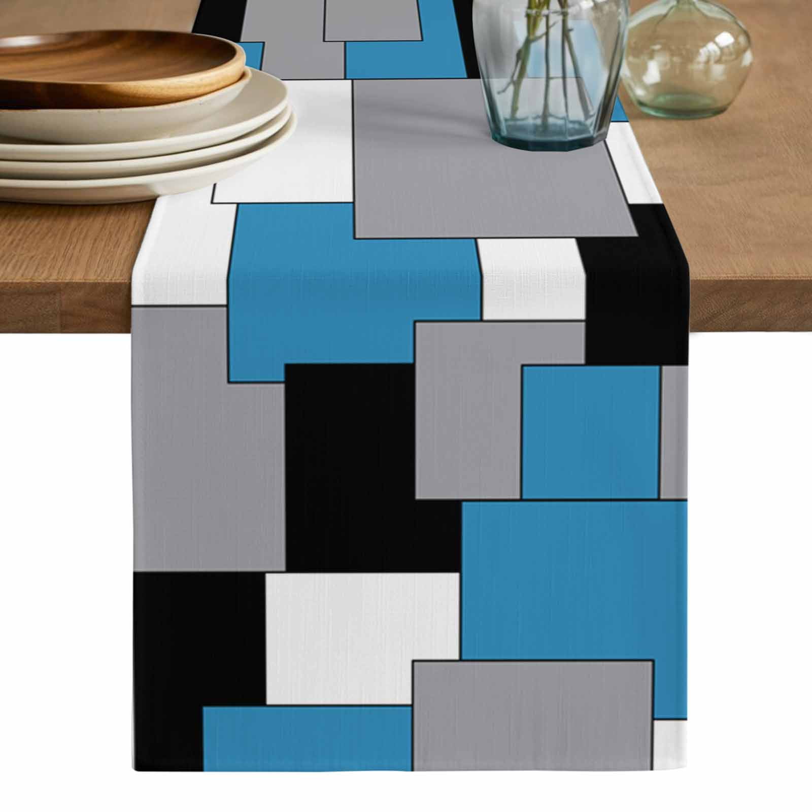 Blue Grey Black Geometric Table Runner, Middle Century Modern Art ...
