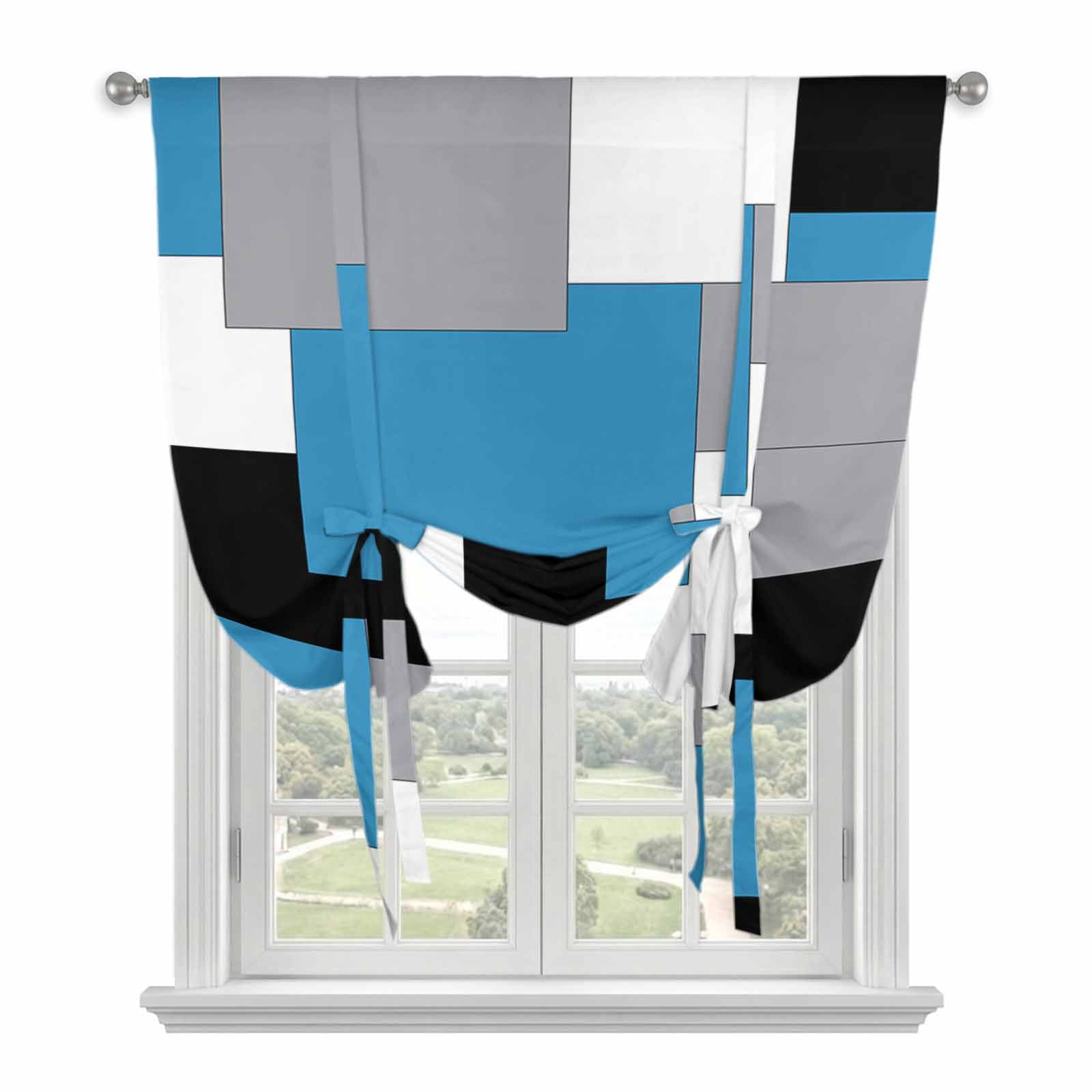 Blue Grey Black Geometric Tie Up Curtain Valance for Window,Adjustable ...