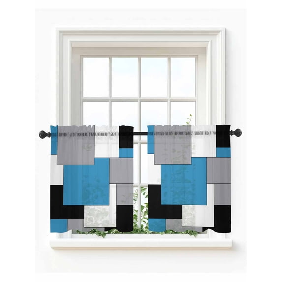 Blue Grey Black Geometric Tier Curtains 36 Inch Length,Sheer Curtains ...