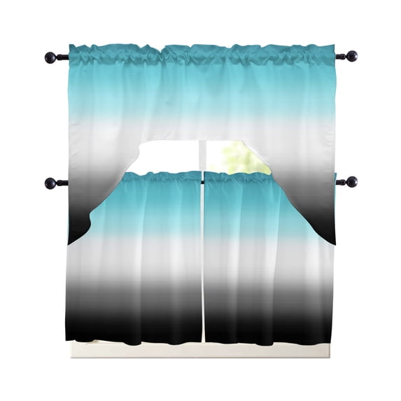 Blue Grey Black Kitchen Curtains Set for Windows 3 Piece Cafe Curtains ...