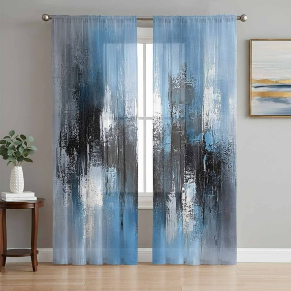 Blue Grey Black Semi Sheer Curtains 63 Inch Length 2 Panels Set, Smear ...