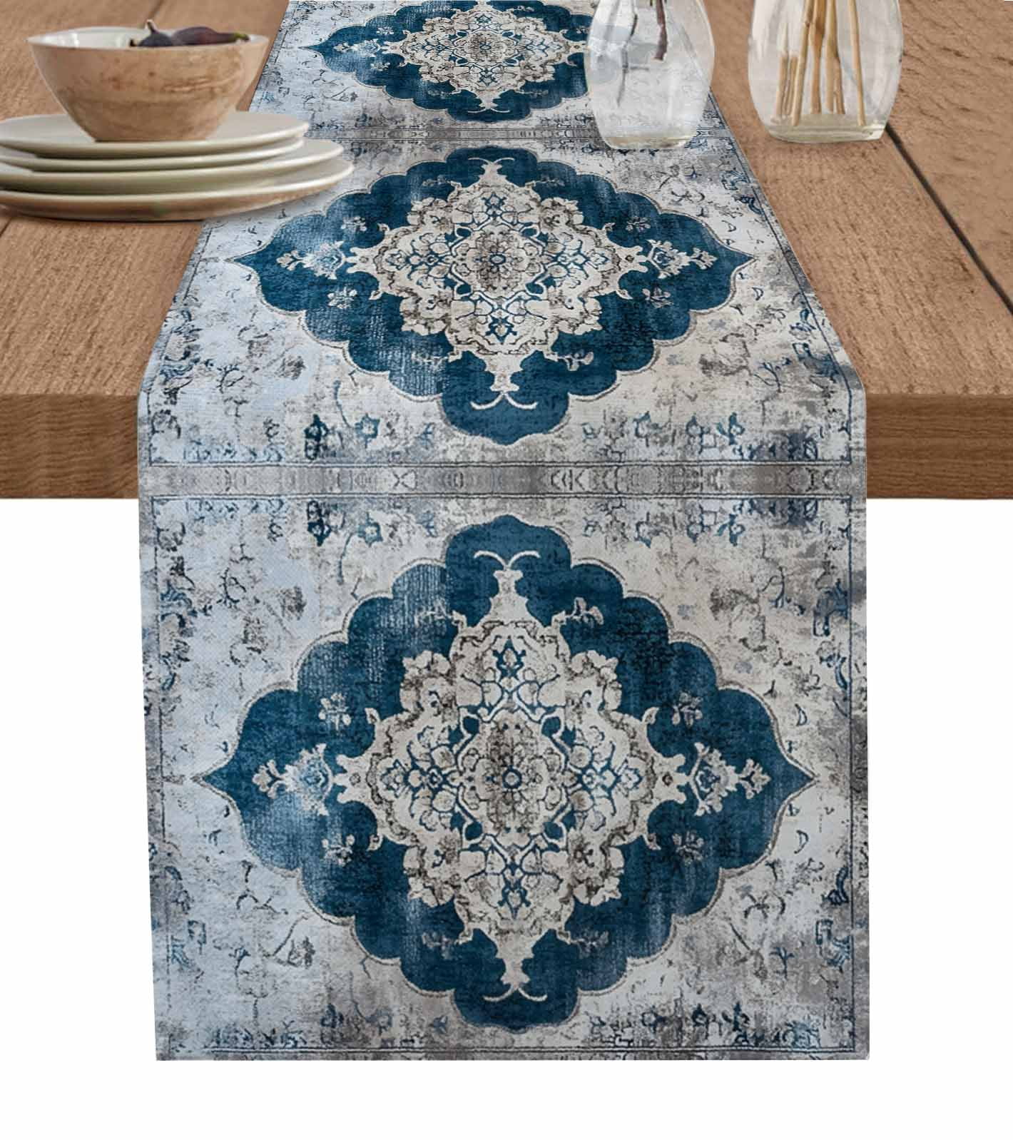 Blue Grey Boho Floral Burlap Cotton Table Runner 13x72 Inches Long ...