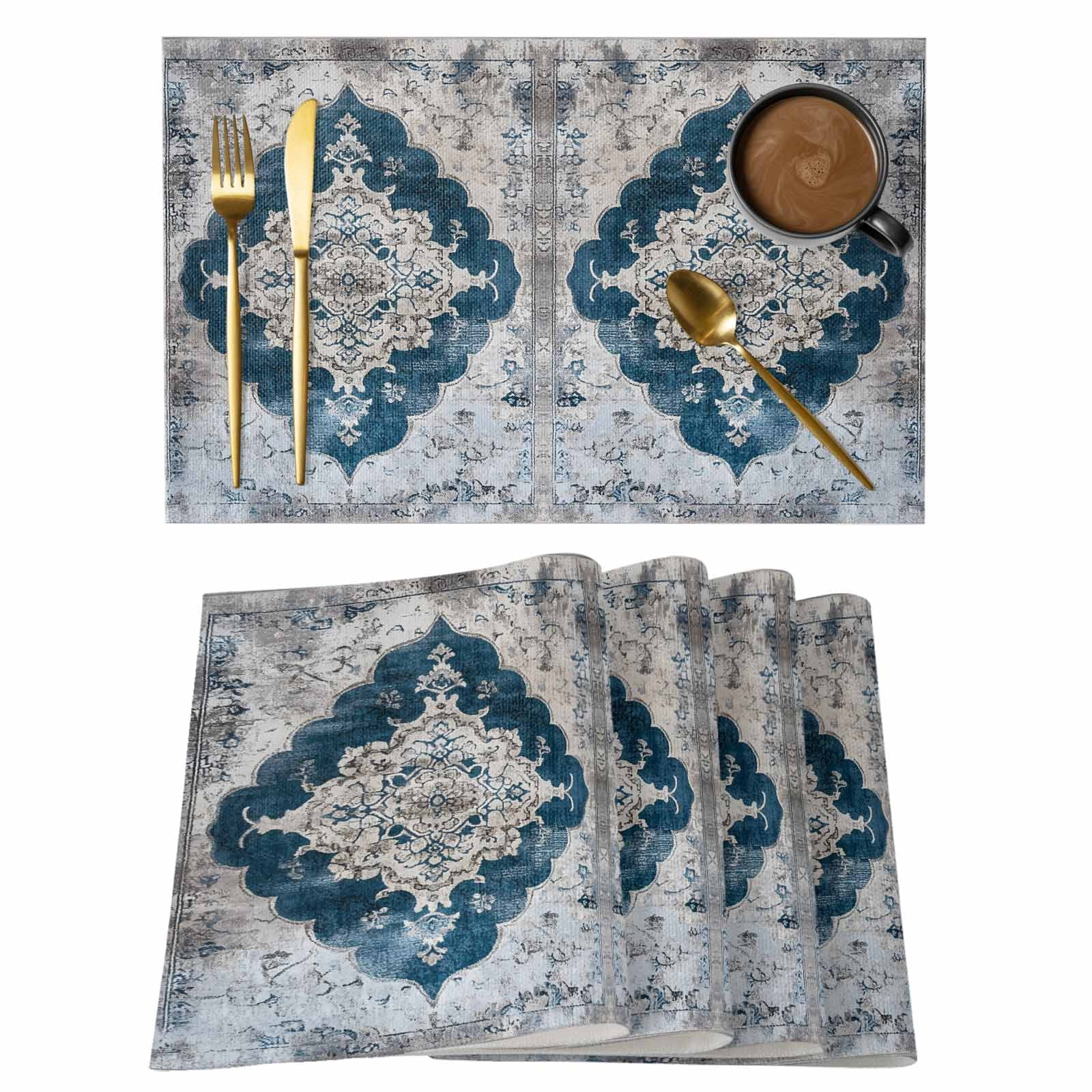 Blue Grey Boho Floral Placemats Set of 4 Vintage National Flower Place ...