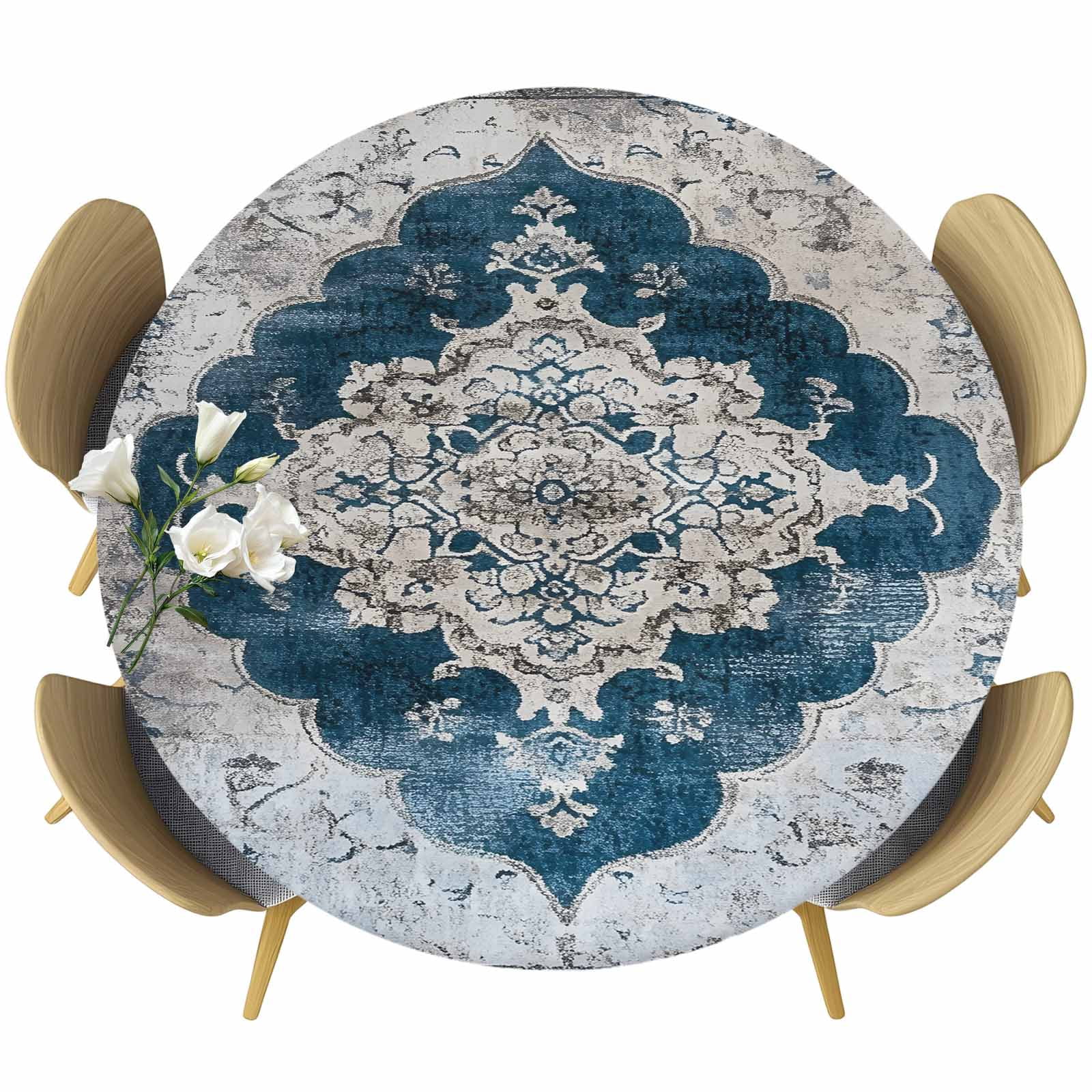 Blue Grey Boho Floral Round Tablecloth 36-44 Inch Round Fitted Table ...