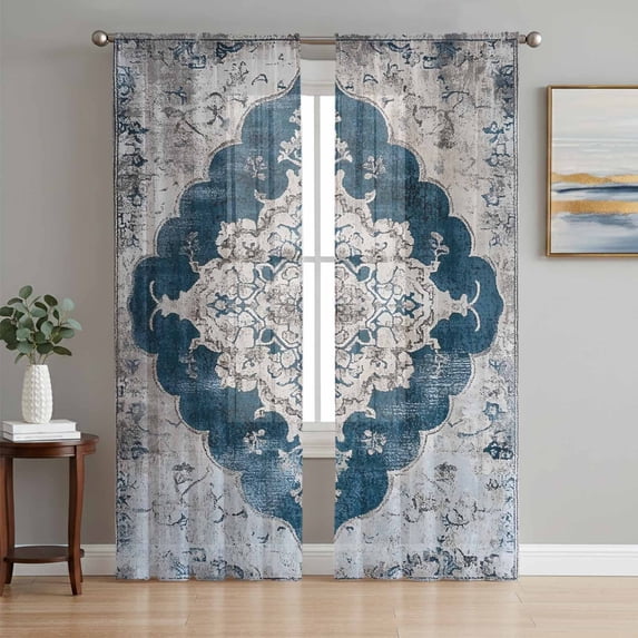 Blue Grey Boho Floral Sheer Curtains 72 Inch Length 2 Panels Set ...