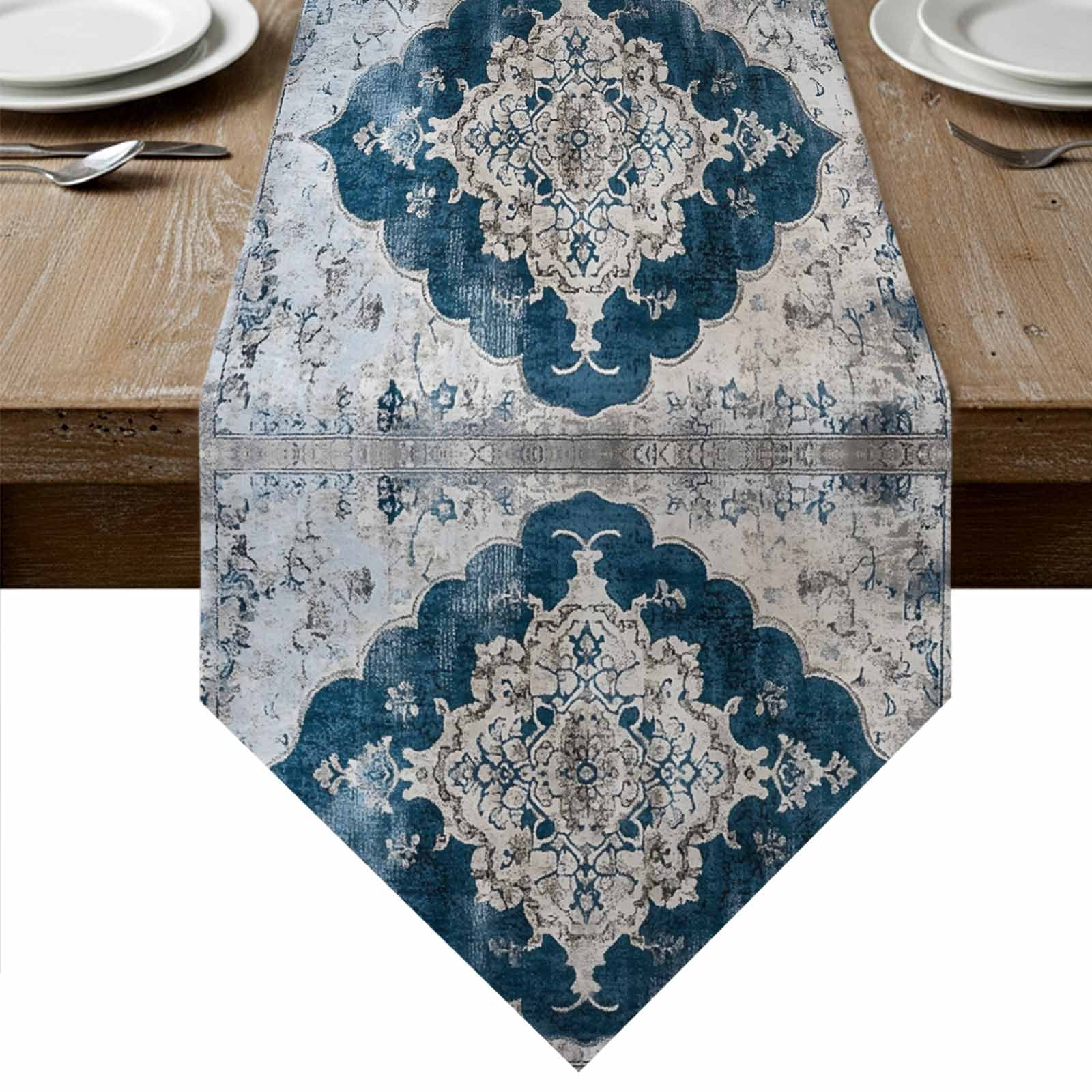 Blue Grey Boho Floral Table Runner Linen Burlap Table Runner 70 Inches ...