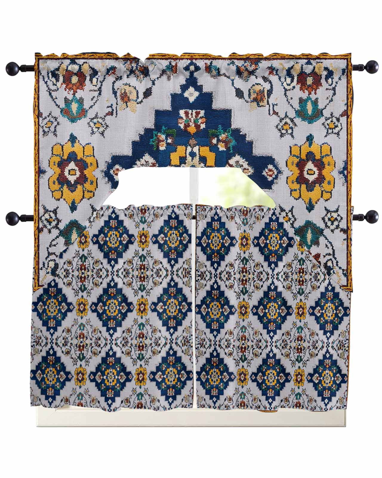 Blue Grey Boho Kitchen Curtains Swag Valance and Tier Curtains Set 24 ...