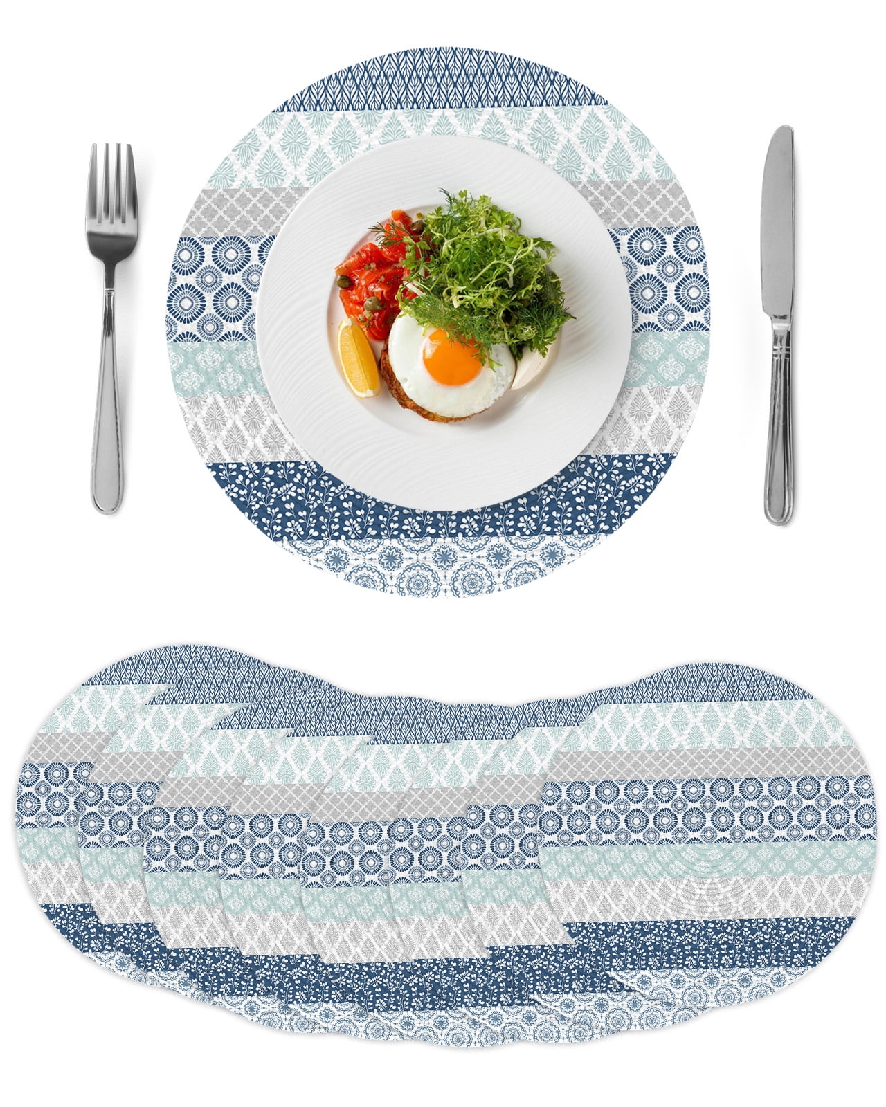 Blue Grey Boho Round Table Placemats set of 8, Bohemian Geometric ...