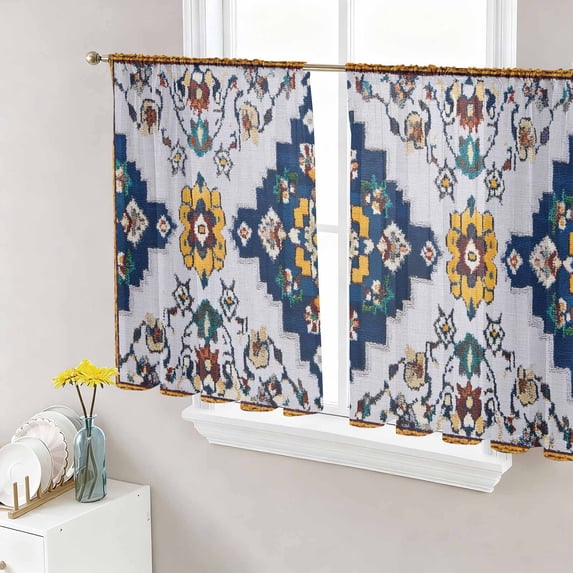 Blue Grey Boho Semi Sheer Curtains 45 Inch Length 2 Panels Set, Retro ...