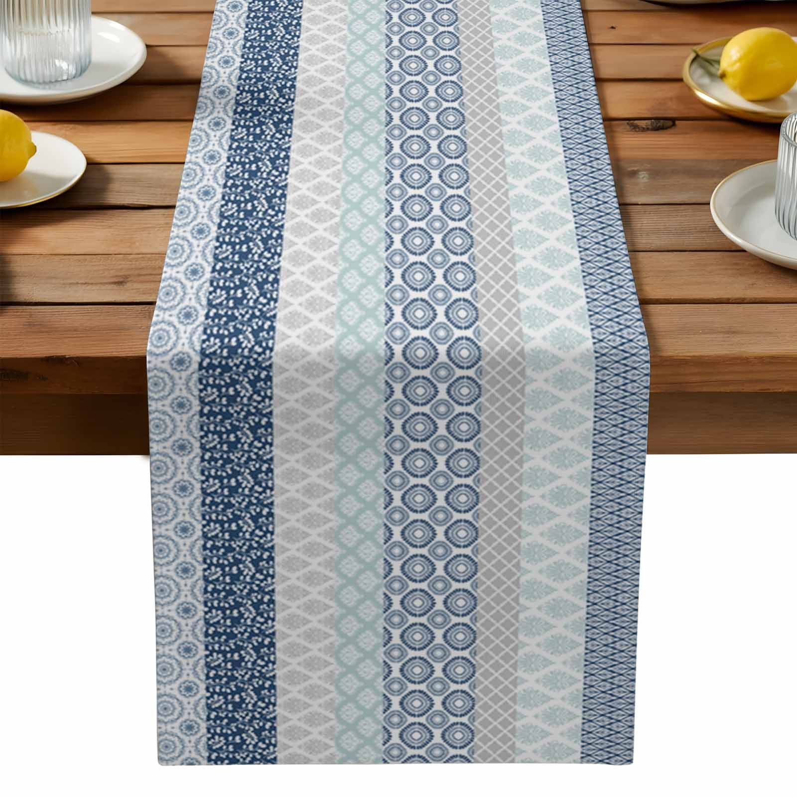 Blue Grey Boho Table Runner, Bohemian Geometric Pattern Cotton Linen ...