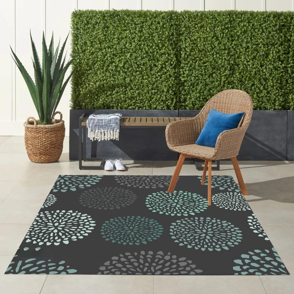 Blue Grey Botanical Floral Indoor Outdoor Waterproof Area Rug Outside ...