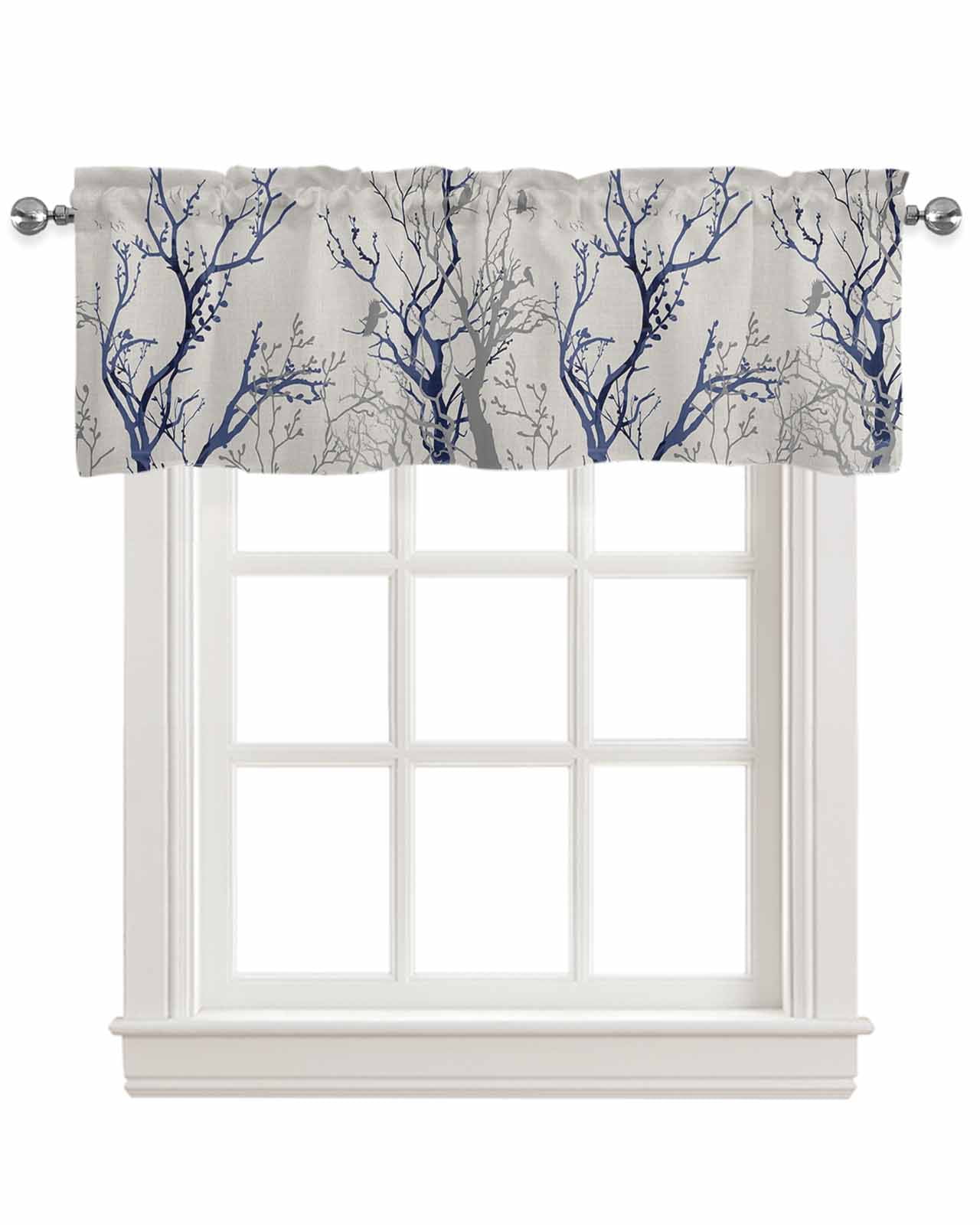 Blue Grey Botanical Linen Curtain Valance for Bedroom/Bathroom/Kitchen ...