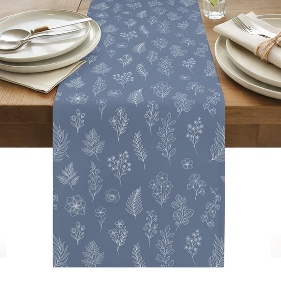Blue Grey Botanical Table Runner Farmhouse Summer Floral Leaves ...