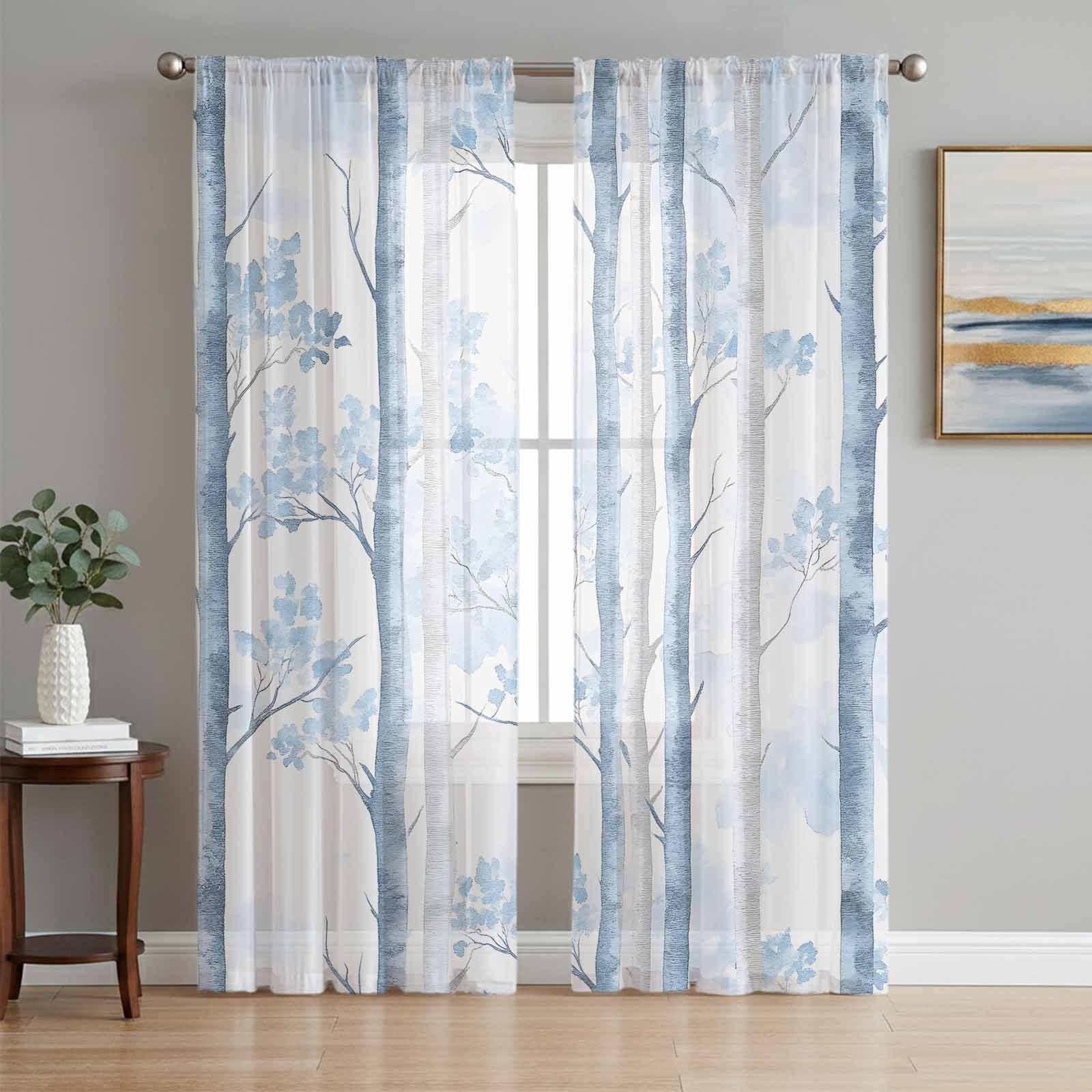 Blue Grey Branches Sheer Curtains 96 Inch Length 2 Panels Set, Vintage ...
