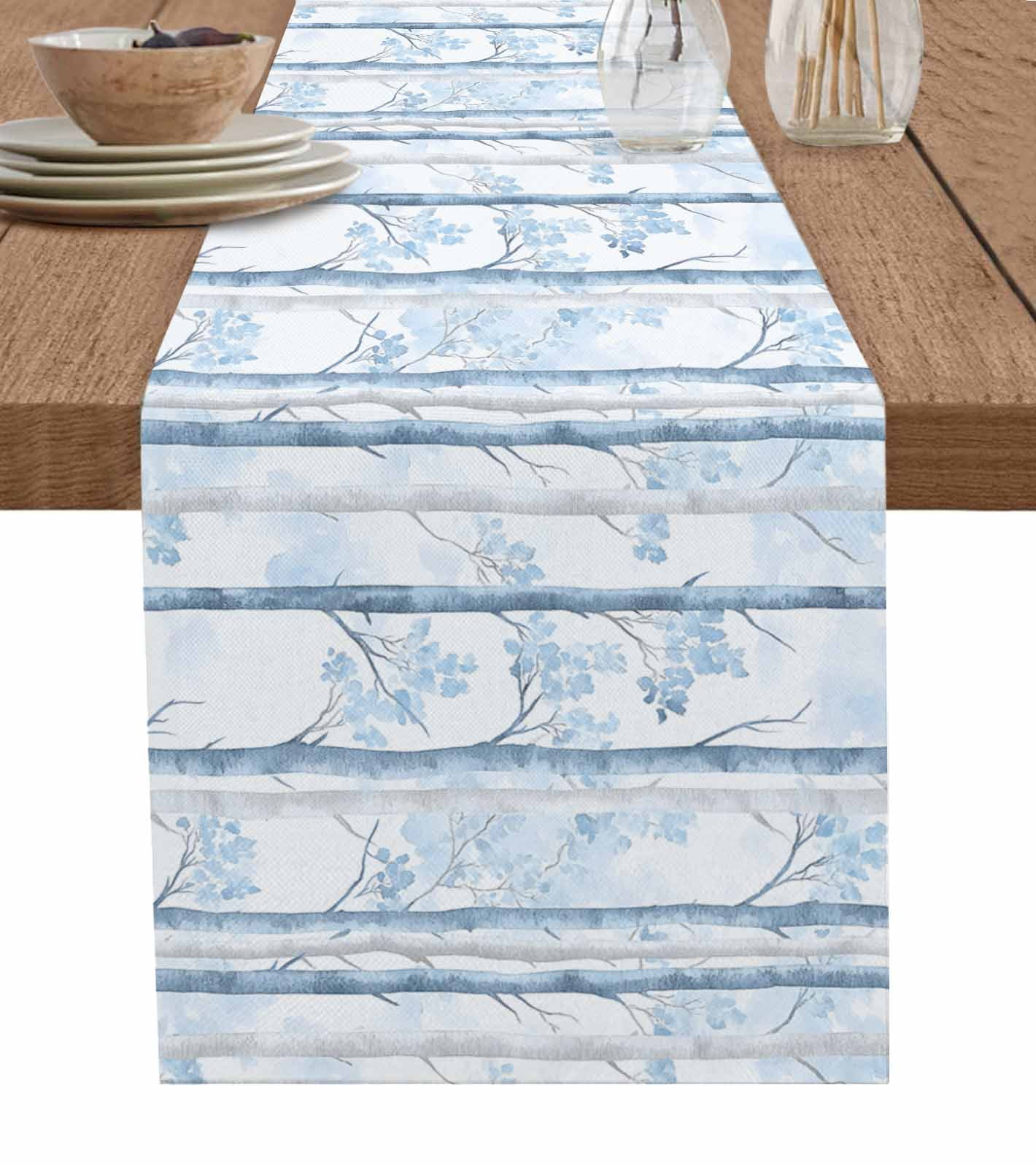 Blue Grey Branches Table Runner Cotton Linen 120 Inch Holiday Dresser ...