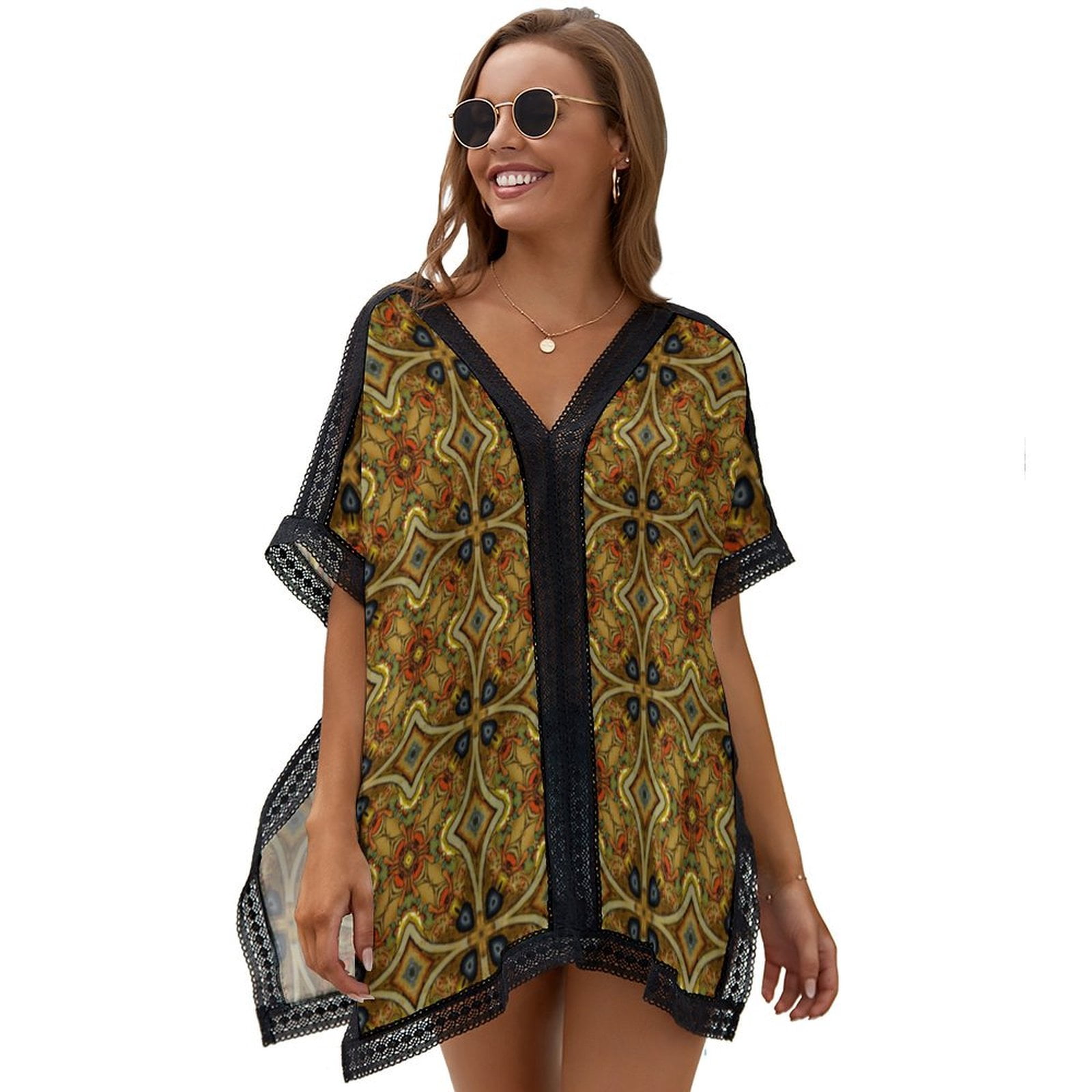 Blue Grey Brown Vintage Damask Lace Womens Beach Cover Up Oversized ...