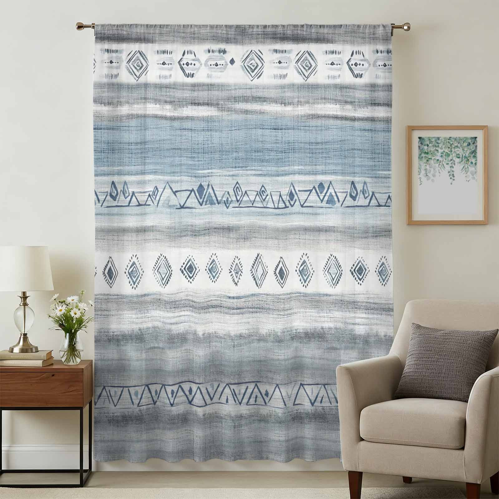 Blue Grey Brush Sheer Curtains 45 Inches Long, Modern Abstract Vintage ...