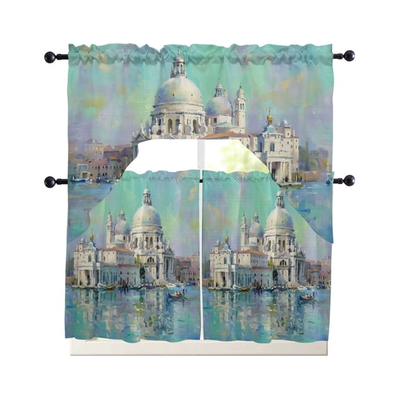 Blue Grey Building Kitchen Curtains Sets 36 Inch Length with Valance ...