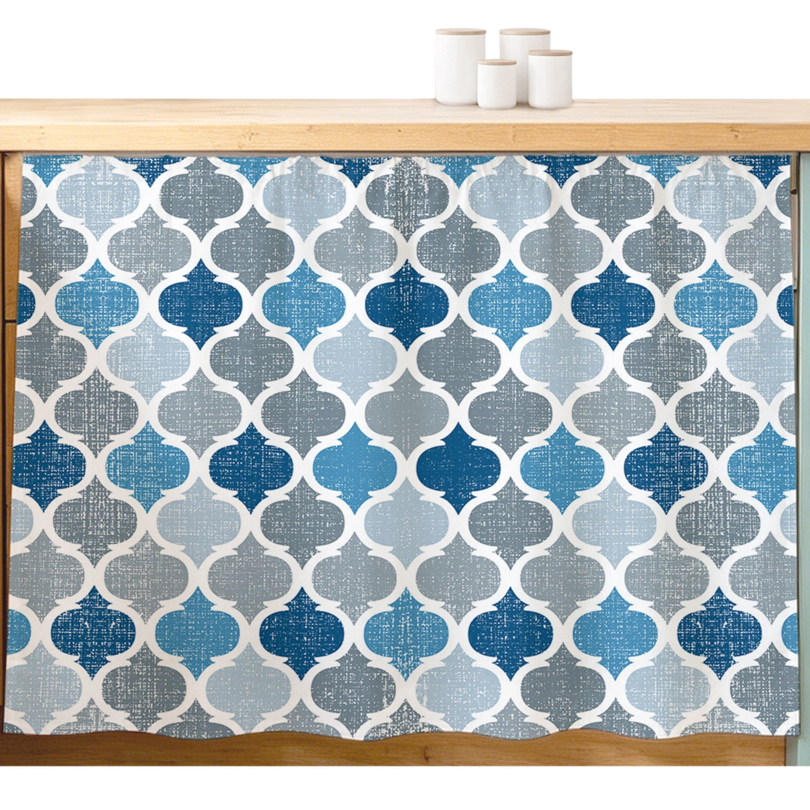 Blue Grey Cabinet Curtains Geometric Morocco Quatrefoil Lattice Sink ...
