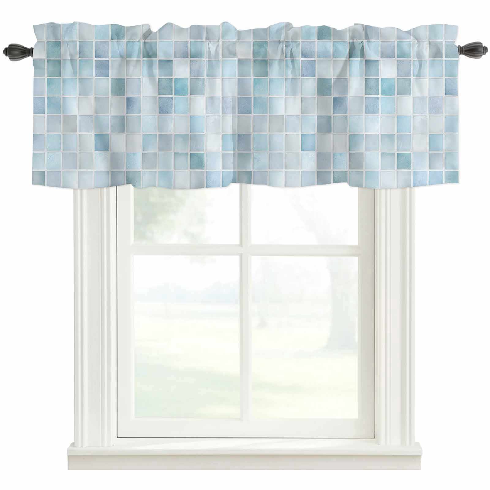 Blue Grey Checkered Valances for Windows Farmhouse Kitchen Curtains ...