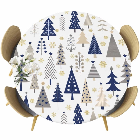 Blue Grey Christmas Round Tablecloth, Fitted Table Cover with Elastic ...