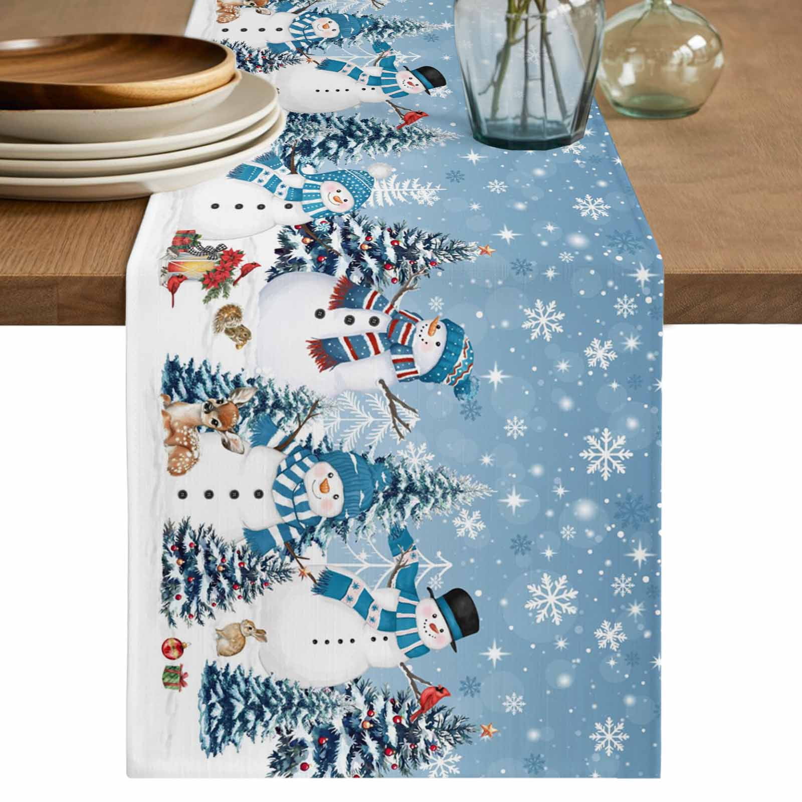 Blue Grey Christmas Table Runner 72 Inches, Snowman Xmas Tree Snowflake ...