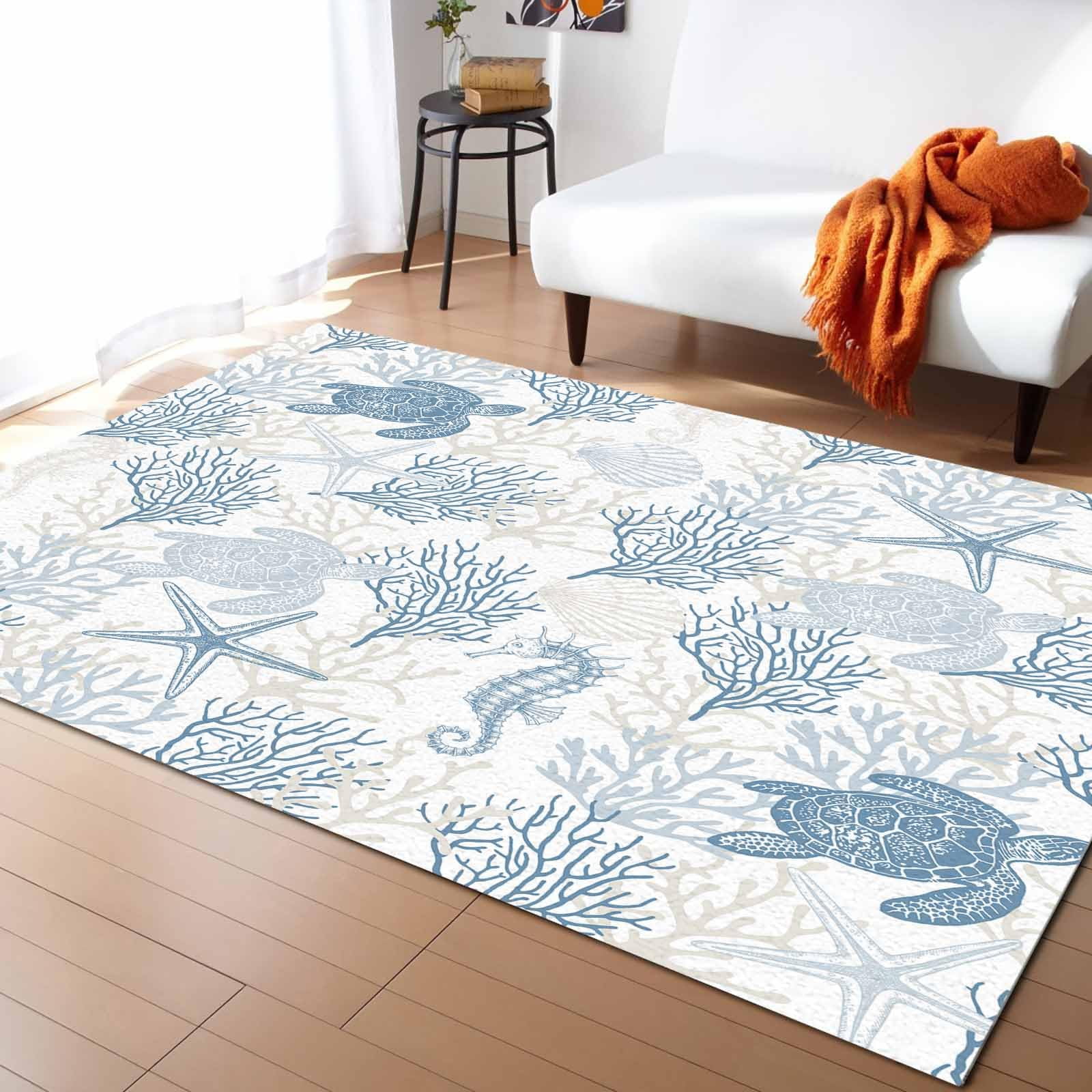 Blue Grey Coastal Area Rugs For Bedrooom/Living Room, Area Rug Non-Slip ...
