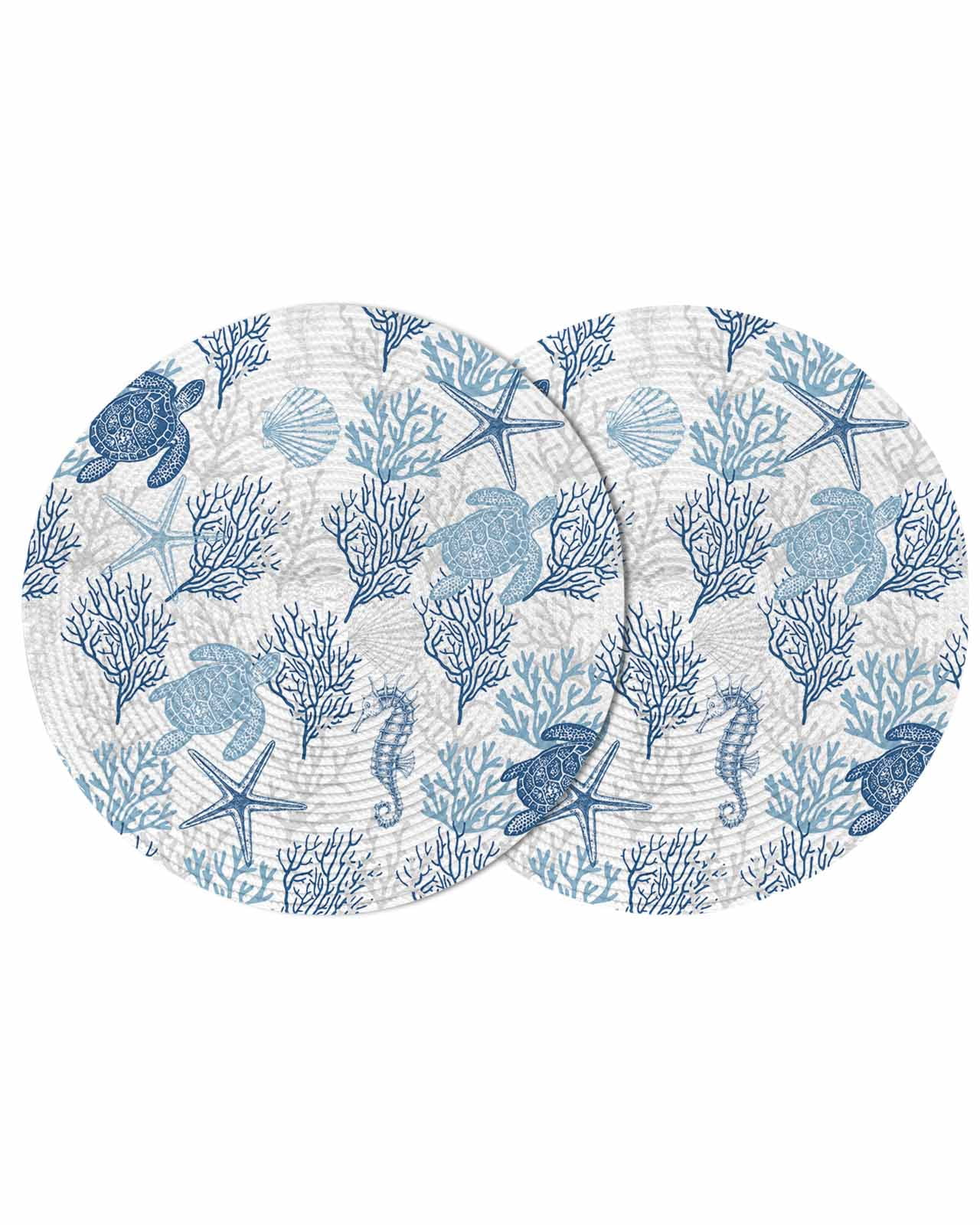 Blue Grey Coastal Beach Round Table Placemats set of 2, Ocean Animals ...