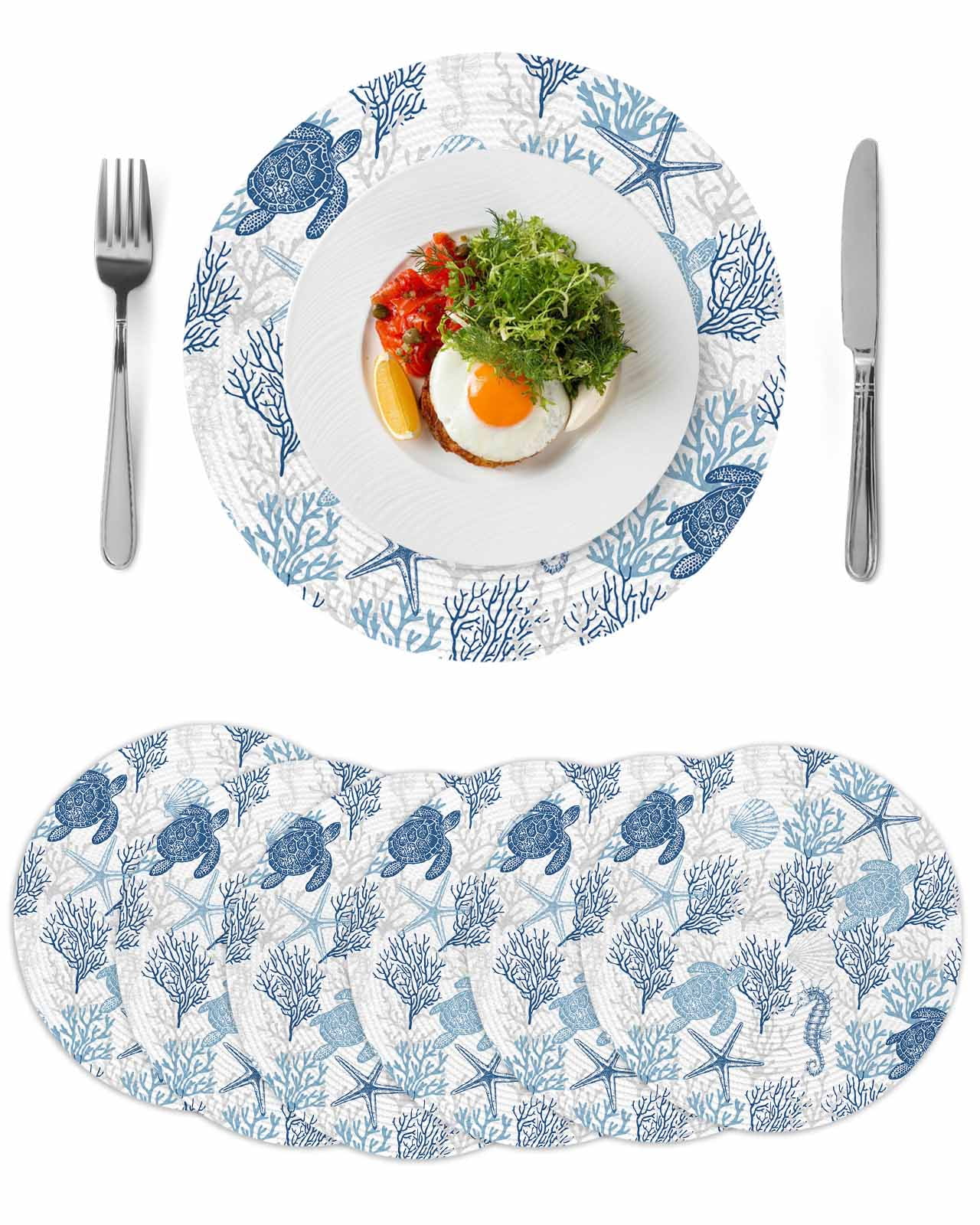 Blue Grey Coastal Beach Round Table Placemats set of 6, Ocean Animals ...