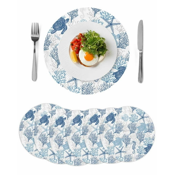 Blue Grey Coastal Beach Round Table Placemats set of 6, Ocean Animals ...