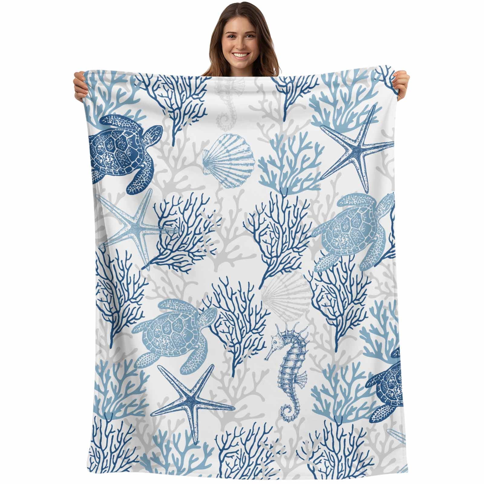 Blue Grey Coastal Beach Throw Blankets, Ocean Animals Pattern Soft ...